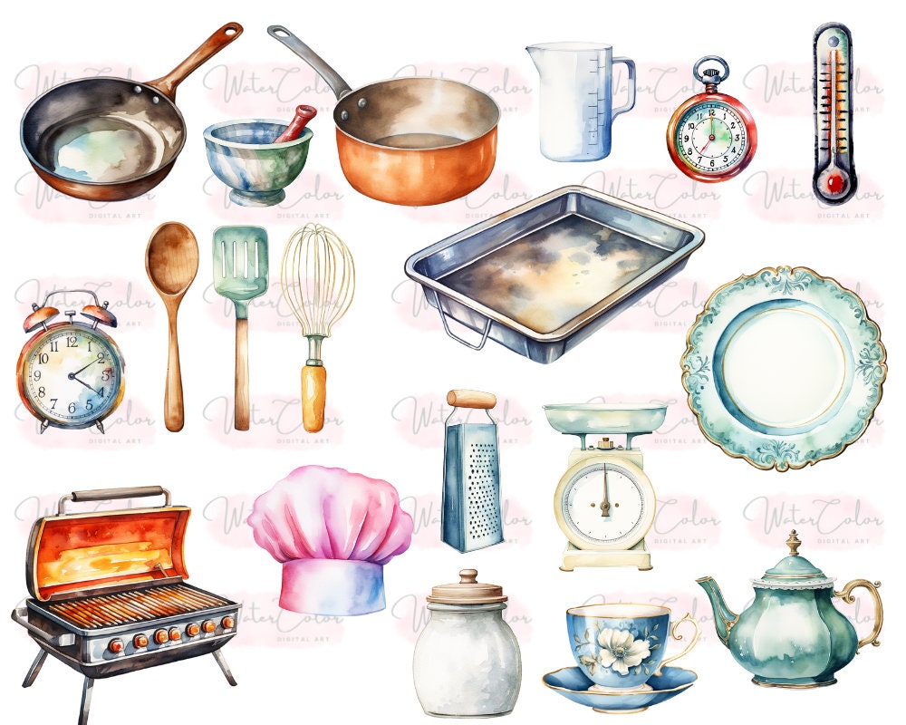 Kitchen Utensils Clipart, Watercolor Cottagecore Kitchenware Food ...