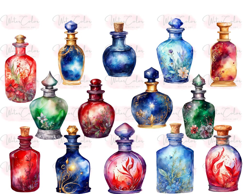 Magical Flower Potion Watercolor Perfume Clip Art Magic - Etsy