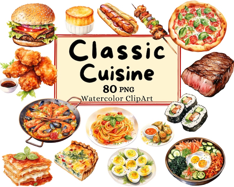 Traditional Cuisine Clipart Watercolor Meals Delicious Classic Food ...