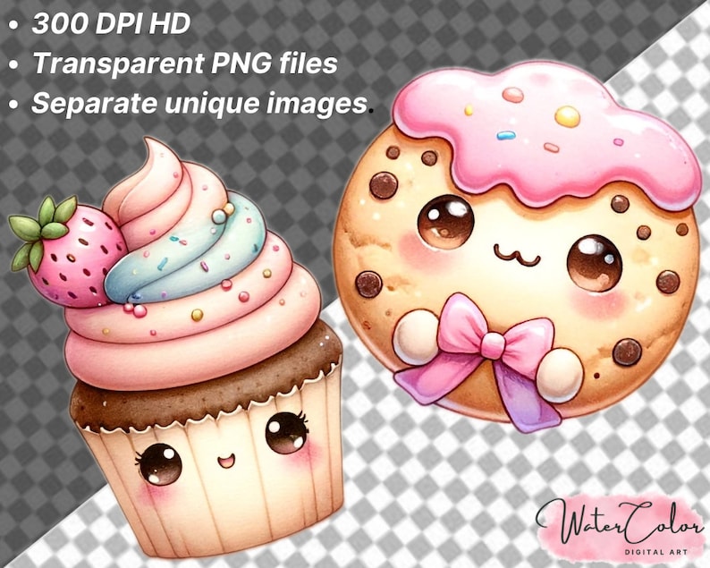 Watercolor Kawaii Sweets Clipart Bundle, Soft Colors Macarons Cupcakes ...