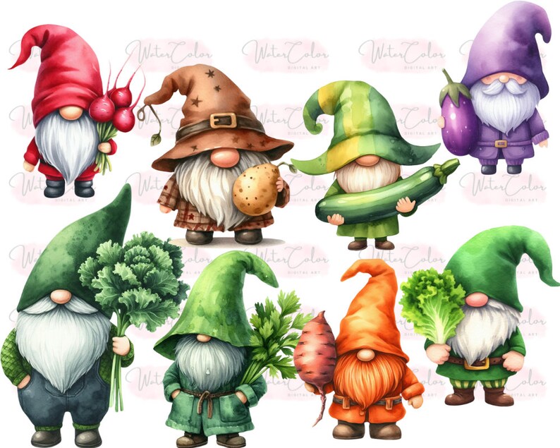 Watercolor Veggie Gnomes Clipart, Healthy Vegetables Fresh Greens Gnome ...