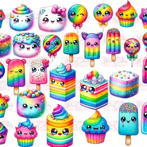 Watercolor Kawaii Rainbow Sweets Clipart Bundle, Colorful Macaron ...
