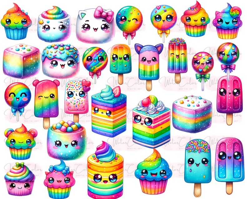 Watercolor Kawaii Rainbow Sweets Clipart Bundle, Colorful Macaron ...