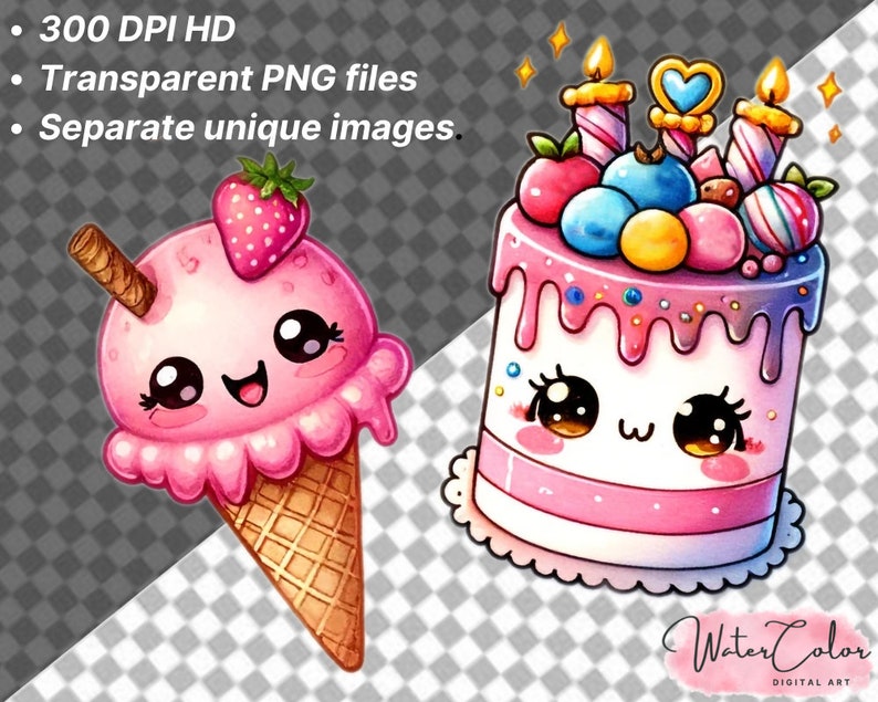 Watercolor Kawaii Sweets Clipart Bundle, Colorful Macarons Cupcakes ...