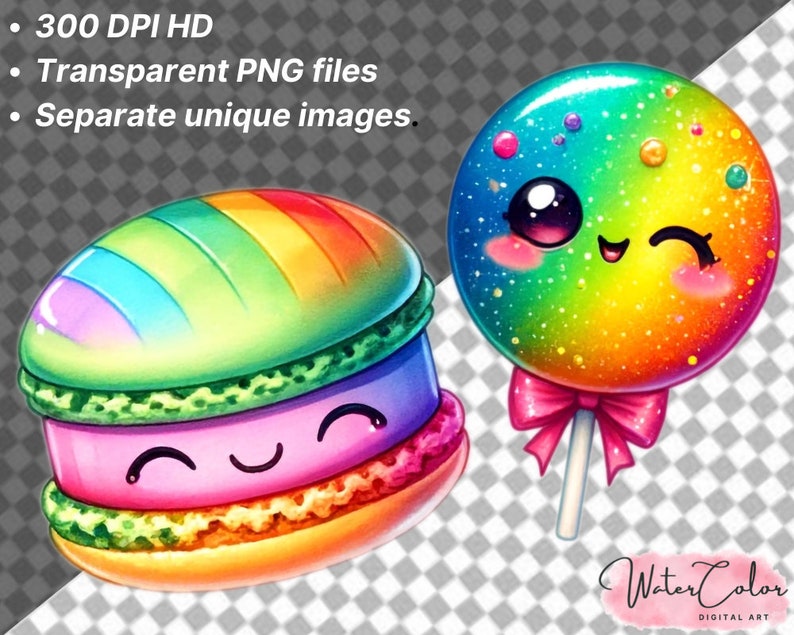 Watercolor Kawaii Rainbow Sweets Clipart Bundle, Colorful Macaron ...