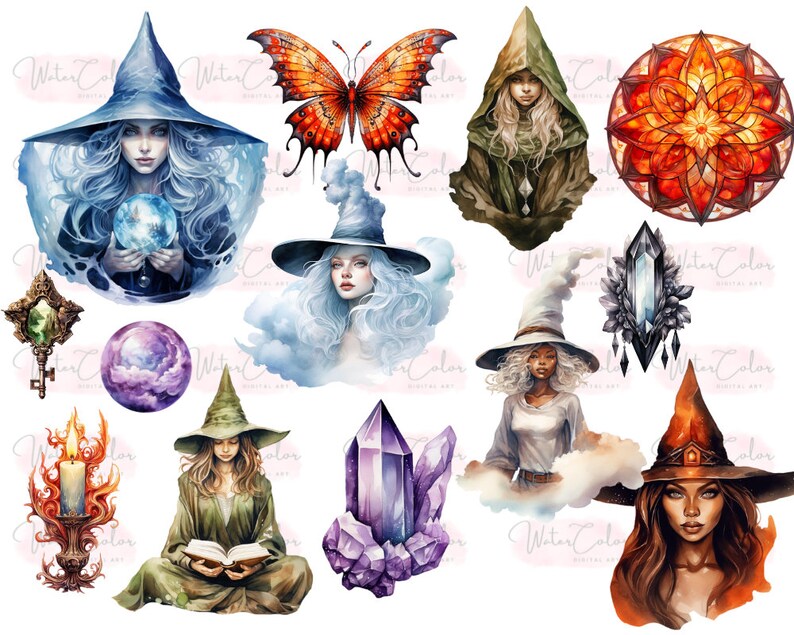 Elemental Witches Clipart Watercolor Elements Fire Water Earth Air ...