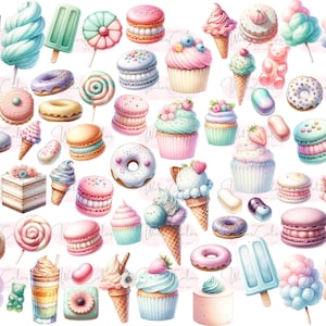 Watercolor Pastel Sweets Clipart Bundle, Treats Macarons Cupcakes Gummy ...