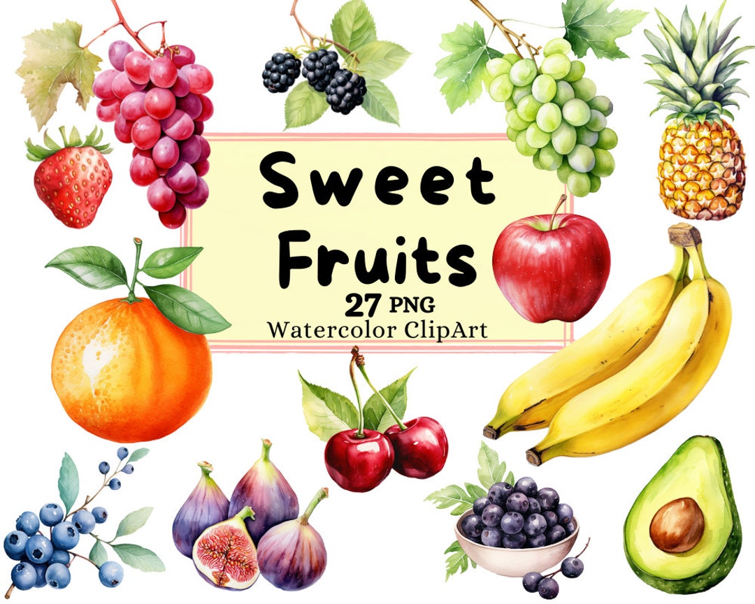 Sweet Fruits Clipart, Watercolor Banana - Mango - Fig - Berrys ...