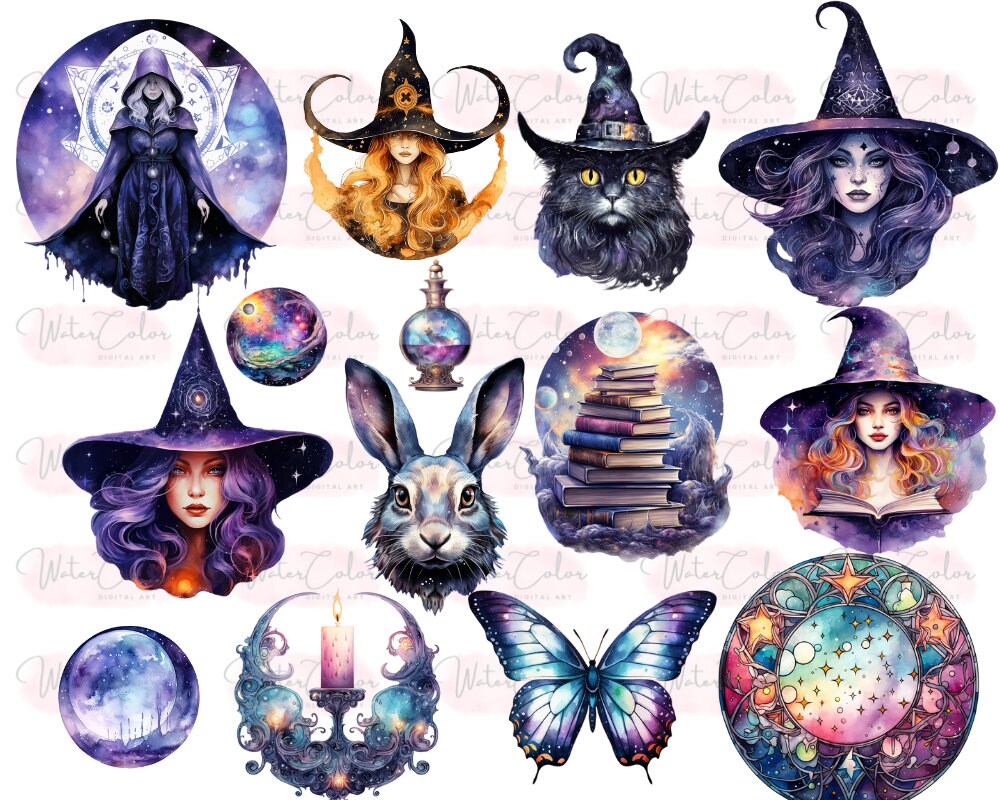 Celestial Moon Witch Clipart Watercolor Galaxy Witch Magic Spell PNG ...