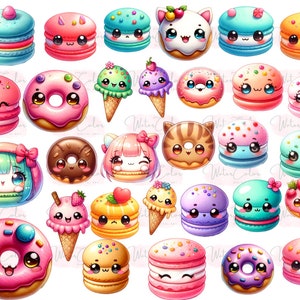 Watercolor Kawaii Sweets Clipart Bundle, Colorful Macarons Cupcakes ...