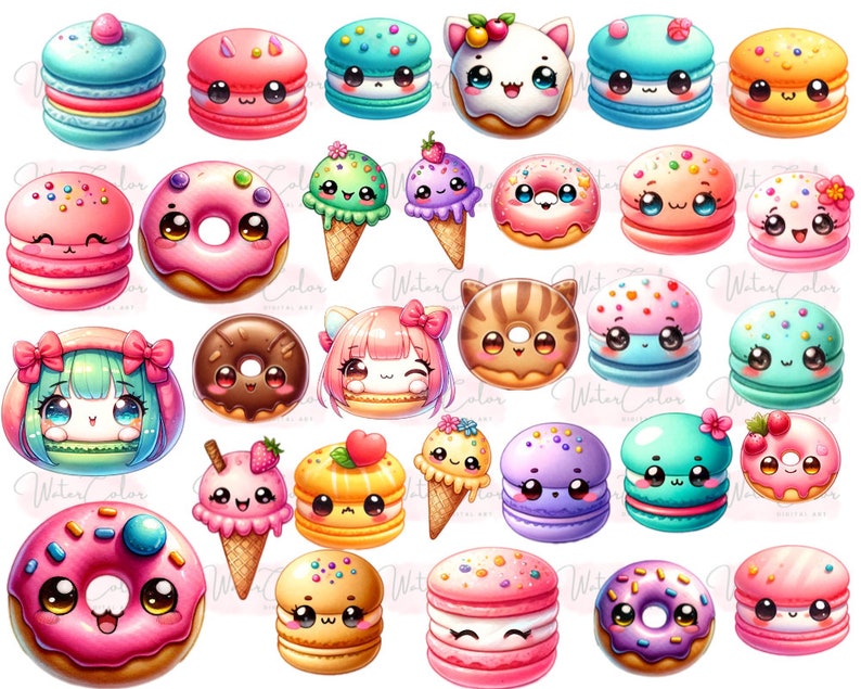 Watercolor Kawaii Sweets Clipart Bundle, Colorful Macarons Cupcakes ...