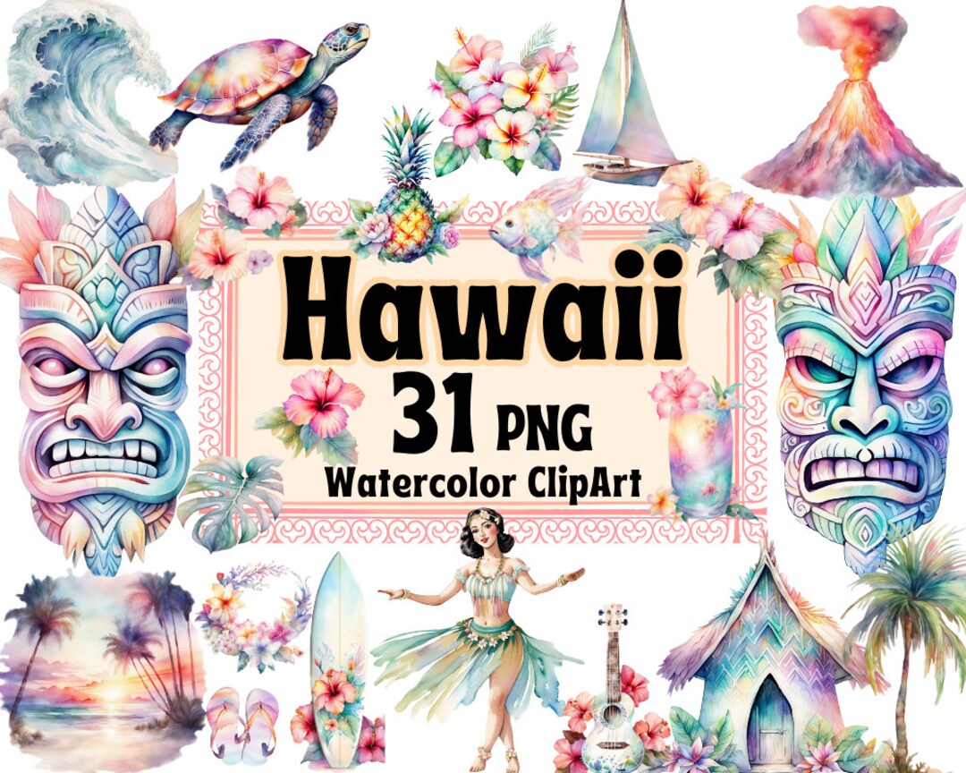 Hawaii Watercolor Clipart, Summer Tropical Palm Leave Hawaiian Clip Art ...