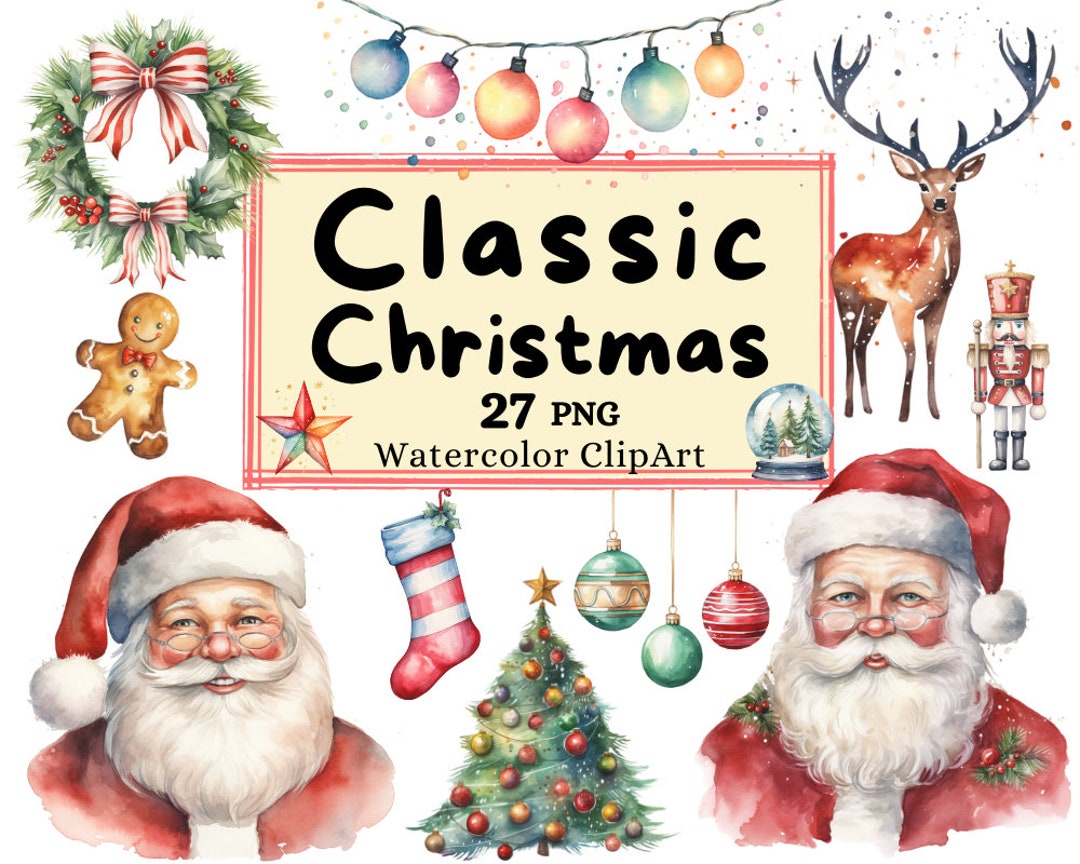 Watercolor Classic Christmas Clipart, Jingle Bells Star Tree Cozy ...