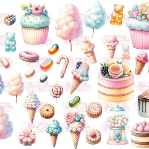 Watercolor Pastel Sweets Clipart Bundle, Treats Macarons Cupcakes Gummy ...