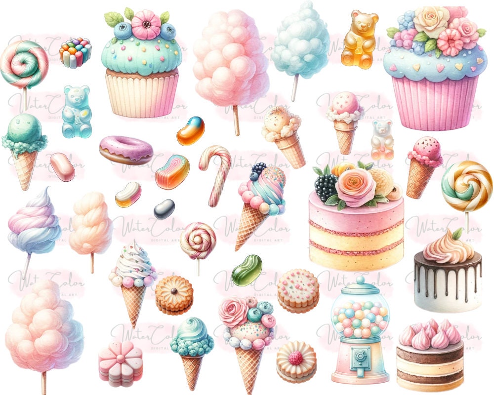 Watercolor Pastel Sweets Clipart Bundle, Treats Macarons Cupcakes Gummy ...