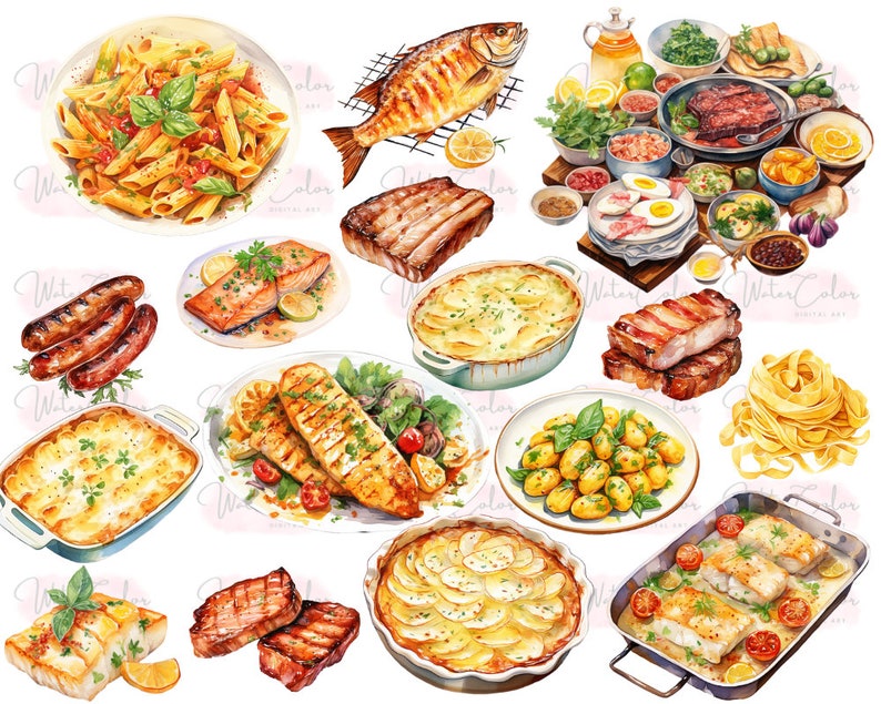 Traditional Cuisine Clipart Watercolor Meals Delicious Classic Food ...