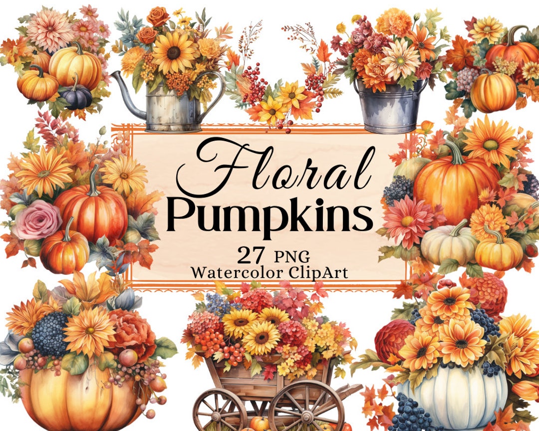 Floral Pumpkin Clipart, Sunflower Pumpkins Bouquet, Fall Wreath Maple ...