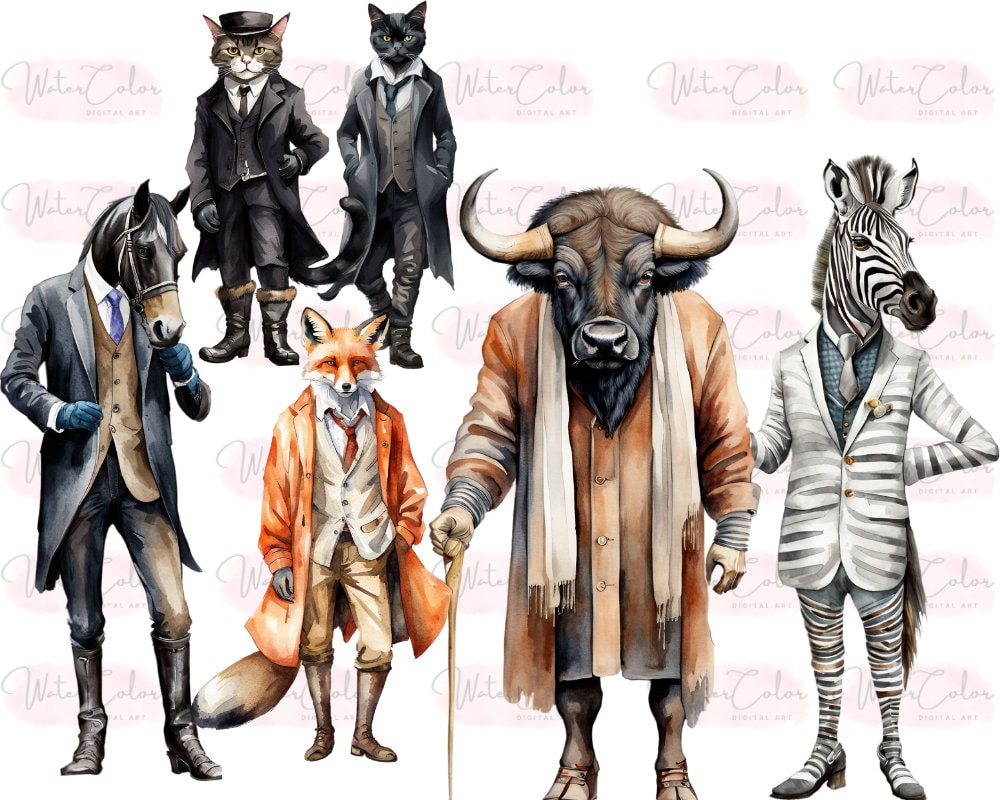 Forest Animals Fancy Zoo Clipart Watercolor Design Vintage Clothes ...