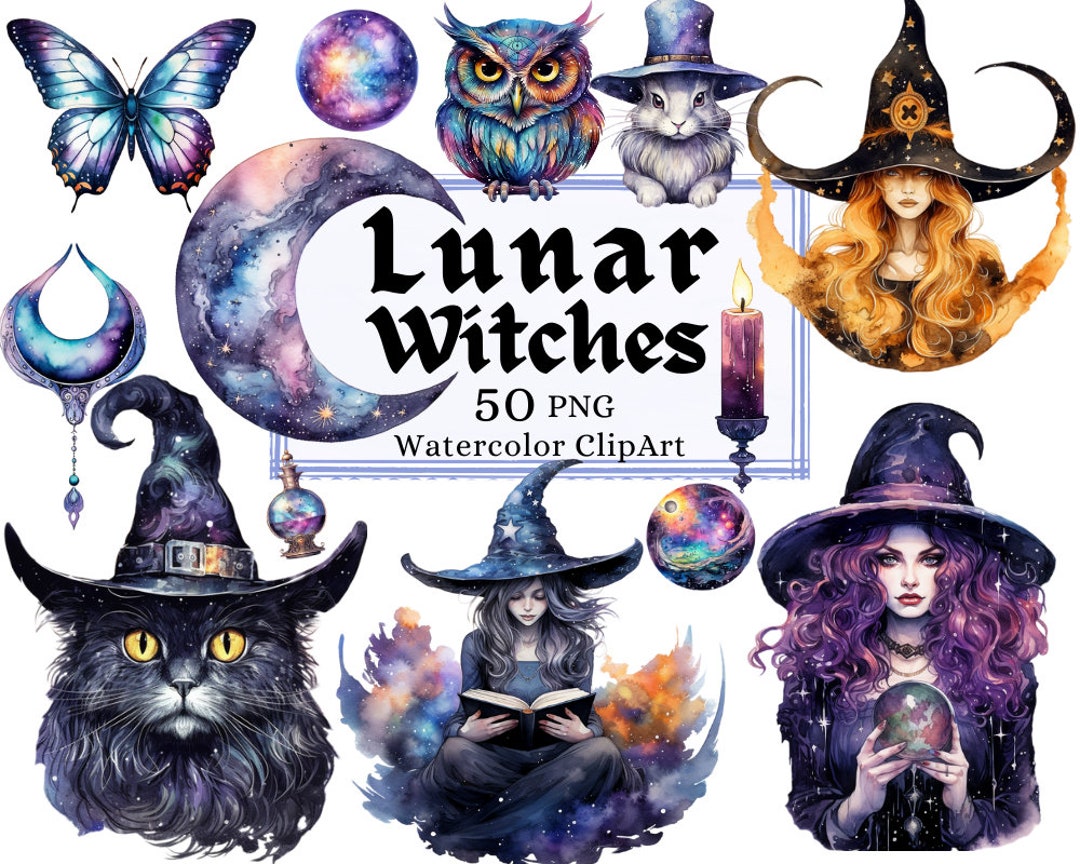 Celestial Moon Witch Clipart Watercolor Galaxy Witch Magic Spell PNG ...