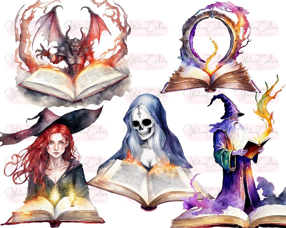 Fantasy Book Clipart Watercolor Open Magic Book Bundle Wizard - Etsy