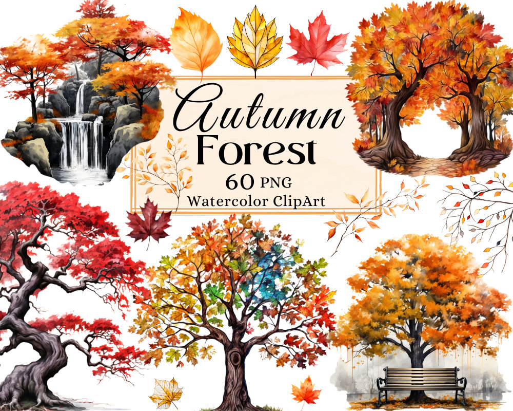 Watercolor Autumn Forest Clipart, Fall Trees Falling Leaves, Maple Leaf ...