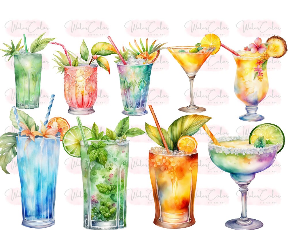 Tropical Cocktails Watercolor Clipart, Summer Drink Palm Leave Exotic ...