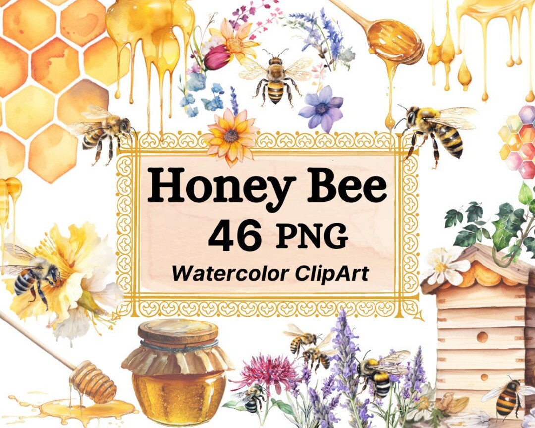 Honey Bee Watercolor Clipart, Behive Honey Spoon Drips Jar, Floral ...