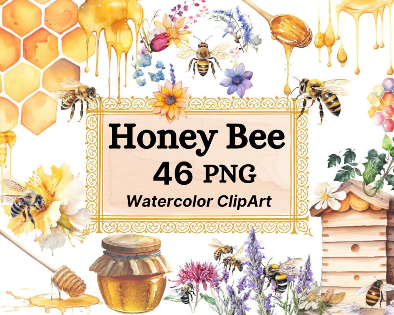 Honey Bee Watercolor Clipart, Behive Honey Spoon Drips Jar, Floral ...
