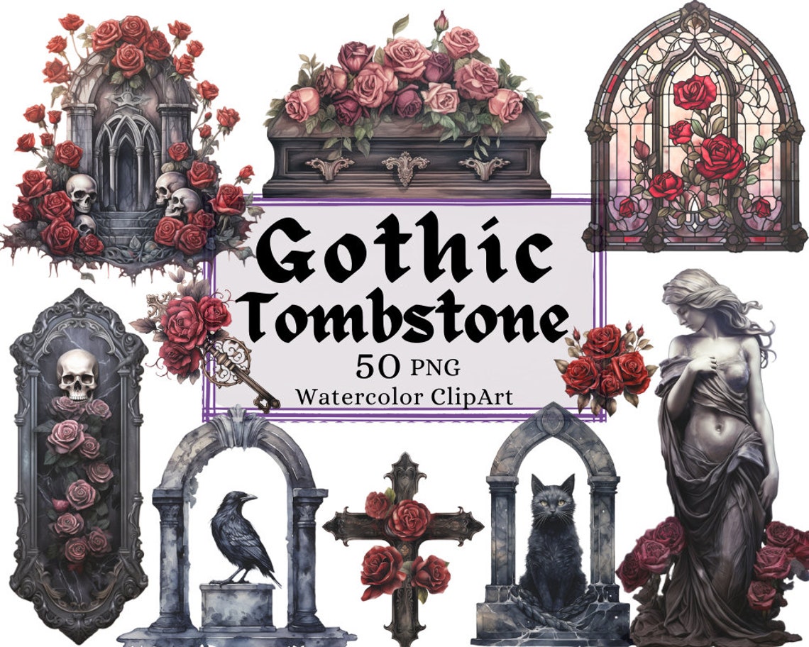 Gothic Tombstones Clipart, Rest in Peace Watercolor Grave Cemetery ...