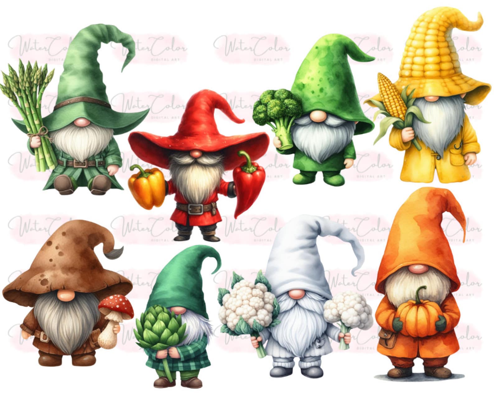 Watercolor Veggie Gnomes Clipart, Healthy Vegetables Fresh Greens Gnome ...