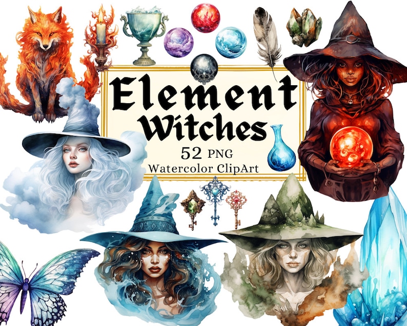 Elemental Witches Clipart Watercolor Elements Fire Water Earth Air ...