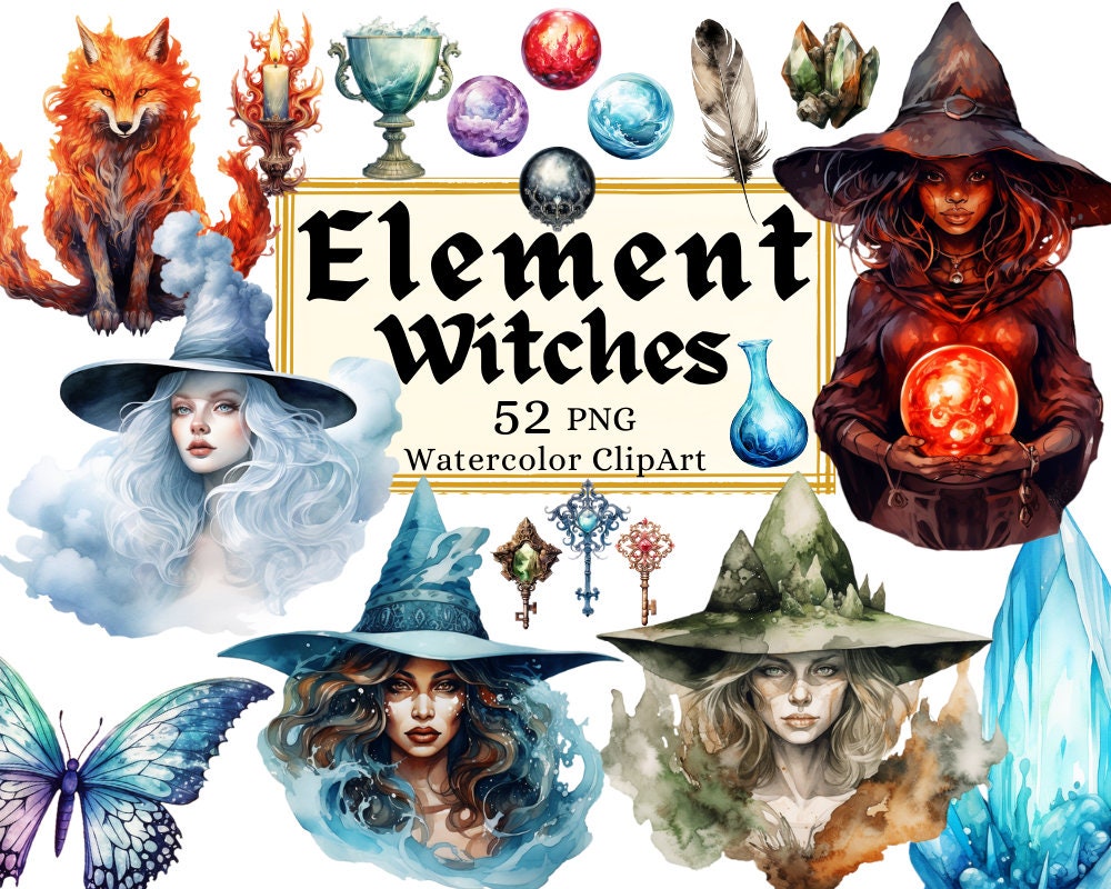 Elemental Witches Clipart Watercolor Elements Fire Water Earth Air Witch Magic Spell PNG Secret ...