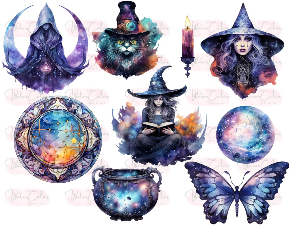 Celestial Moon Witch Clipart Watercolor Galaxy Witch Magic Spell PNG ...