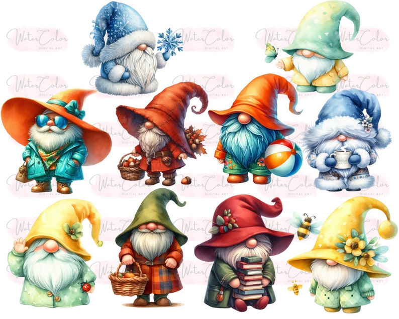 Watercolor Seasonal Gnomes Clipart Collection, Colorful Gnomes Pretty ...
