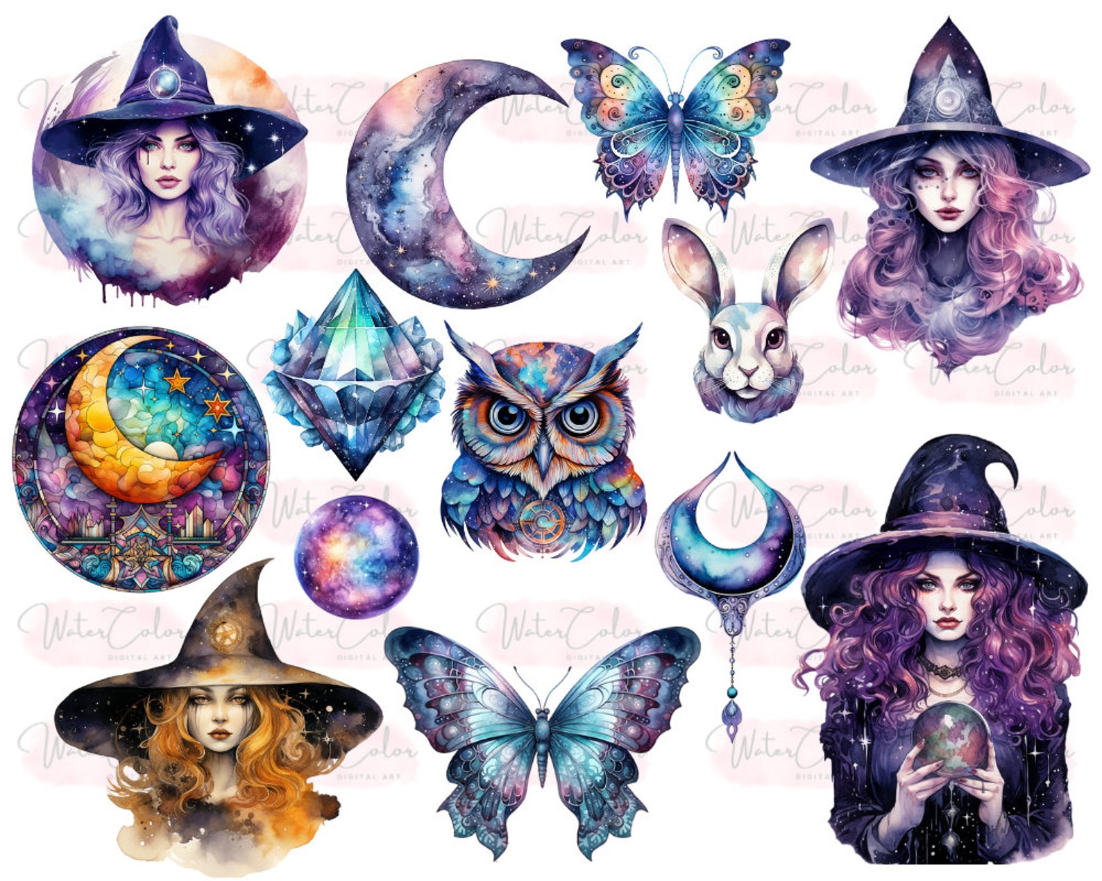 Celestial Moon Witch Clipart Watercolor Galaxy Witch Magic Spell PNG ...