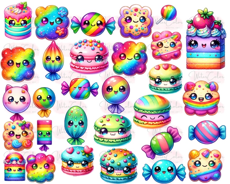 Watercolor Kawaii Rainbow Sweets Clipart Bundle, Colorful Macaron ...