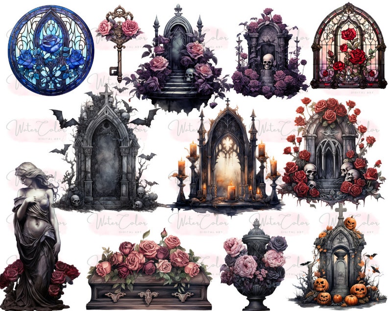 Gothic Tombstones Clipart, Rest in Peace Watercolor Grave Cemetery ...