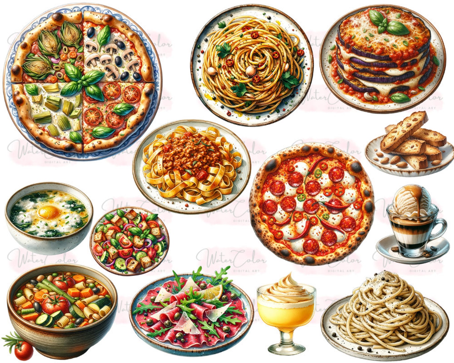 Watercolor Italian Food Bundle Clipart, Italy Gourmet Dishes Pizza ...