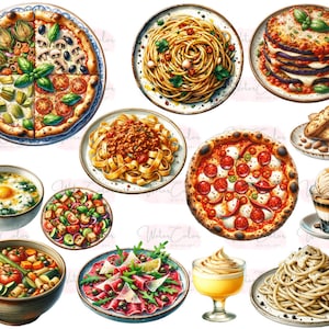 Watercolor Italian Food Bundle Clipart, Italy Gourmet Dishes Pizza ...