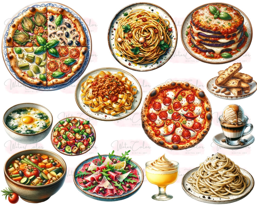 Watercolor Italian Food Bundle Clipart, Italy Gourmet Dishes Pizza ...