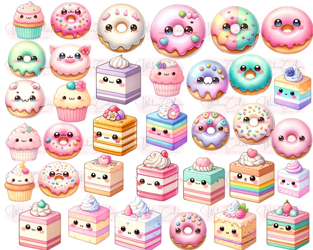 Watercolor Kawaii Sweets Clipart Bundle, Soft Colors Macarons Cupcakes ...