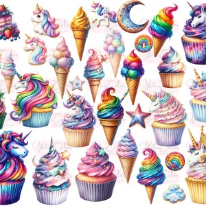 Watercolor Cute Unicorn Sweets Clipart Bundle, Glitter Colorful Dessert ...