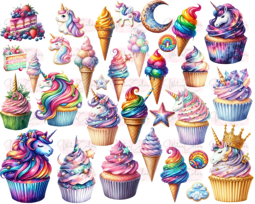 Watercolor Cute Unicorn Sweets Clipart Bundle, Glitter Colorful Dessert ...