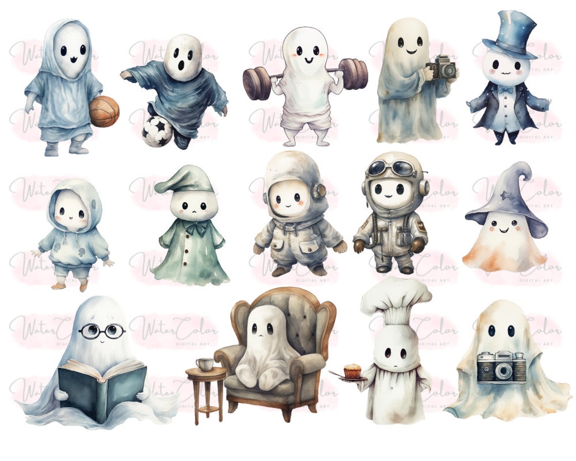 Cute Ghost Clipart, Tiny Ghosts Shadow Spooky Season, Scary Watercolor ...