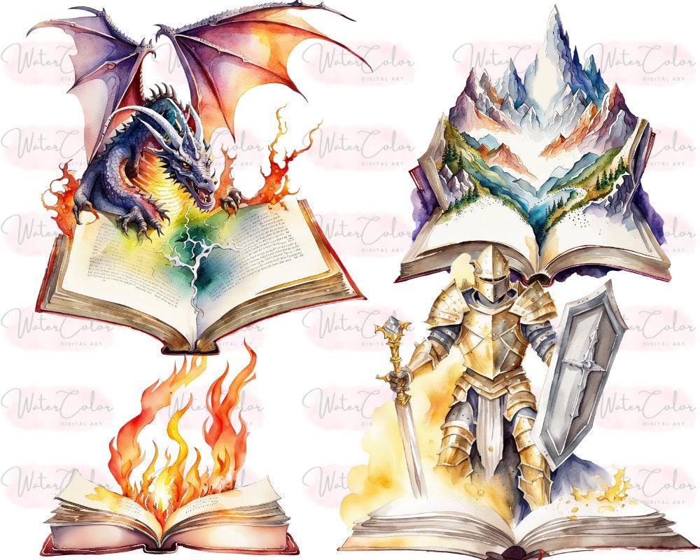 Fantasy Book Clipart Watercolor Open Magic Book Bundle Wizard - Etsy