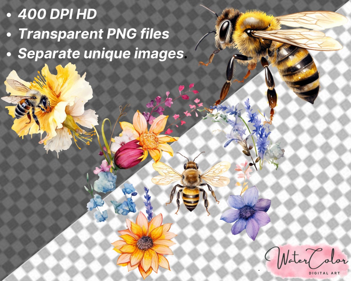 Honey Bee Watercolor Clipart, Behive Honey Spoon Drips Jar, Floral ...