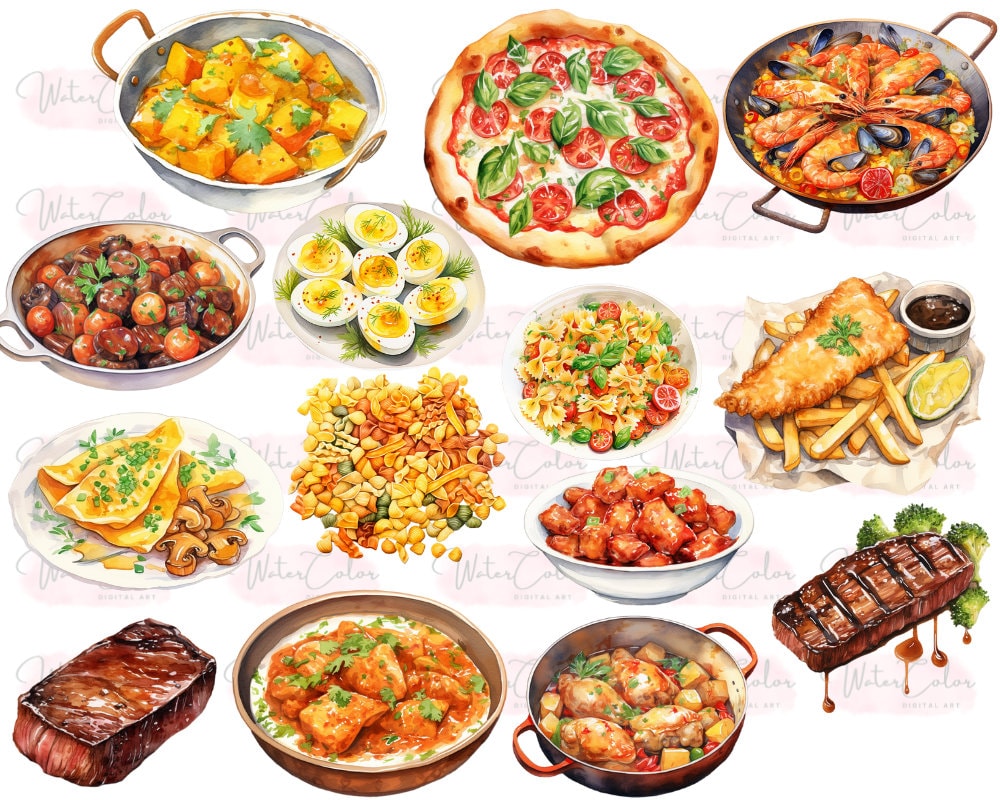 Traditional Cuisine Clipart Watercolor Meals Delicious Classic Food ...