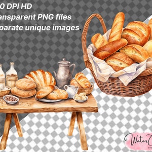 Watercolor Baked Bakery Clipart, Bread Baguettes French Croissants ...