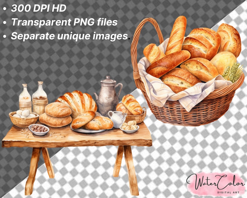 Watercolor Baked Bakery Clipart Bread Baguettes French - Etsy