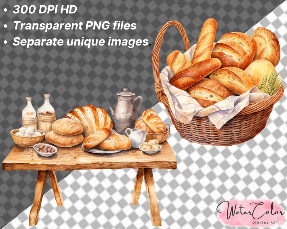 Watercolor Baked Bakery Clipart Bread Baguettes French - Etsy
